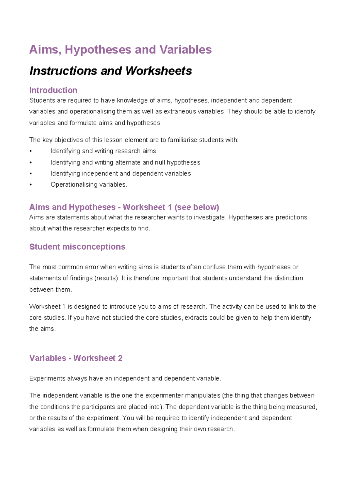 Booklet - Aims, Hypotheses & Variables (Research Methods) - Studocu