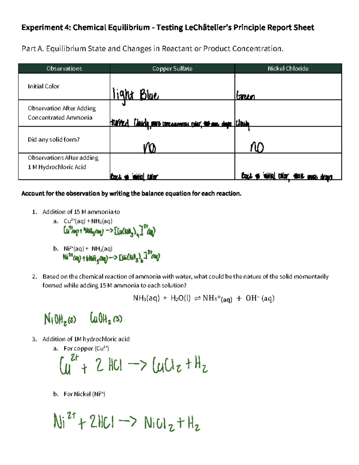 Experiment 4 - Chemical Equilibrium Report Sheet (Lab Report) - Studocu
