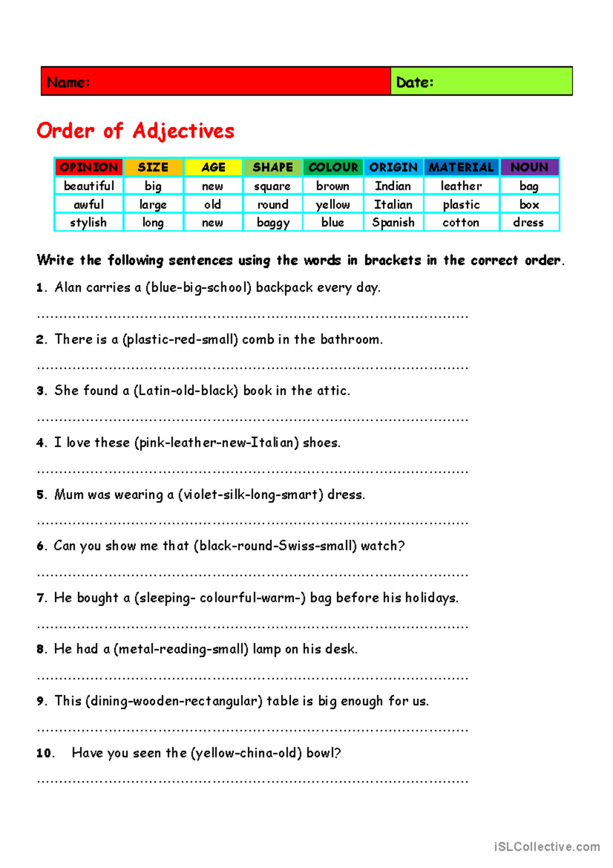 Order of Adjectives Practice: Opinion, Size, Age, Shape, Colour, Origin ...