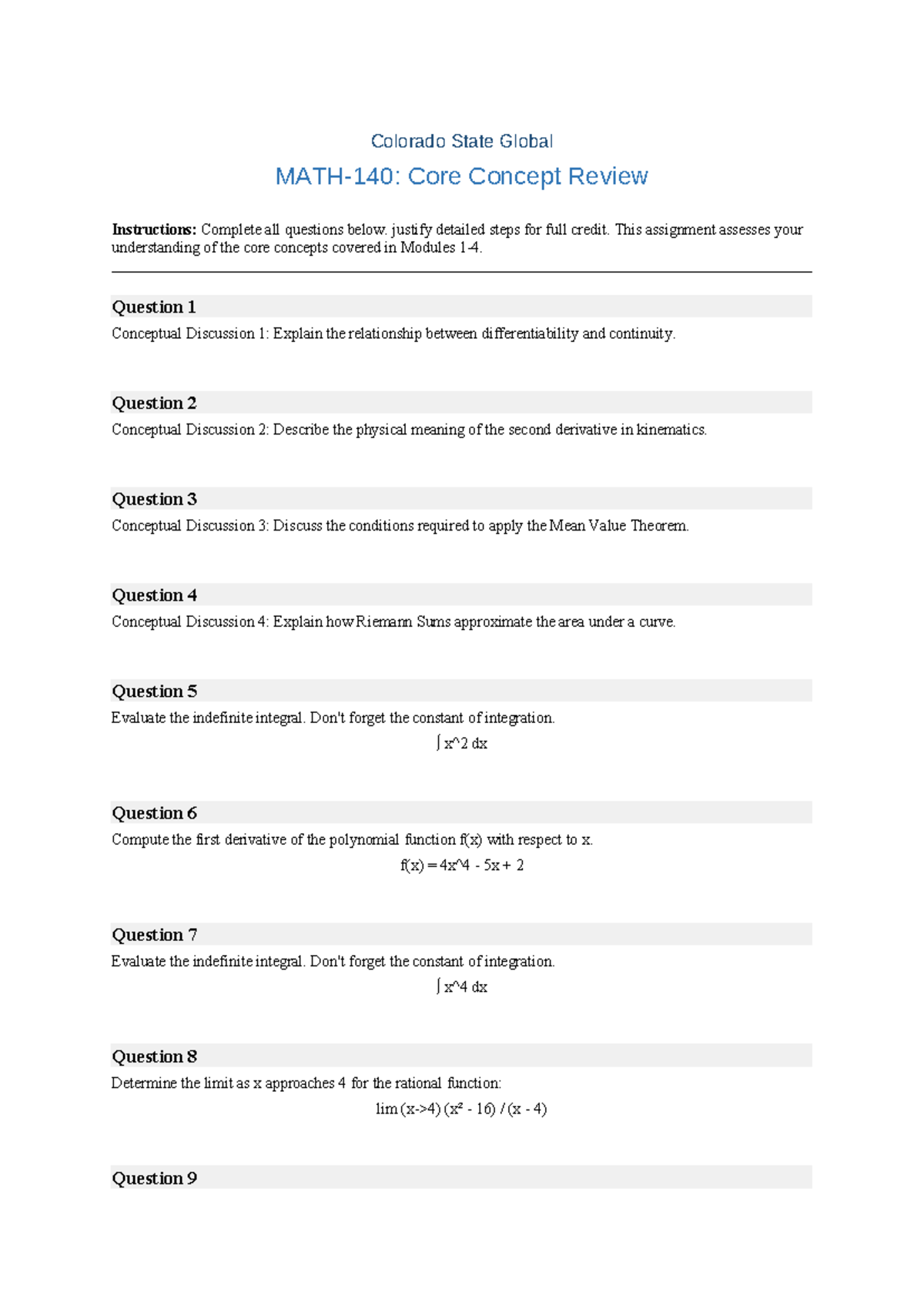 Calculus Core Concept Review (Course Code: 97231116) - Studocu