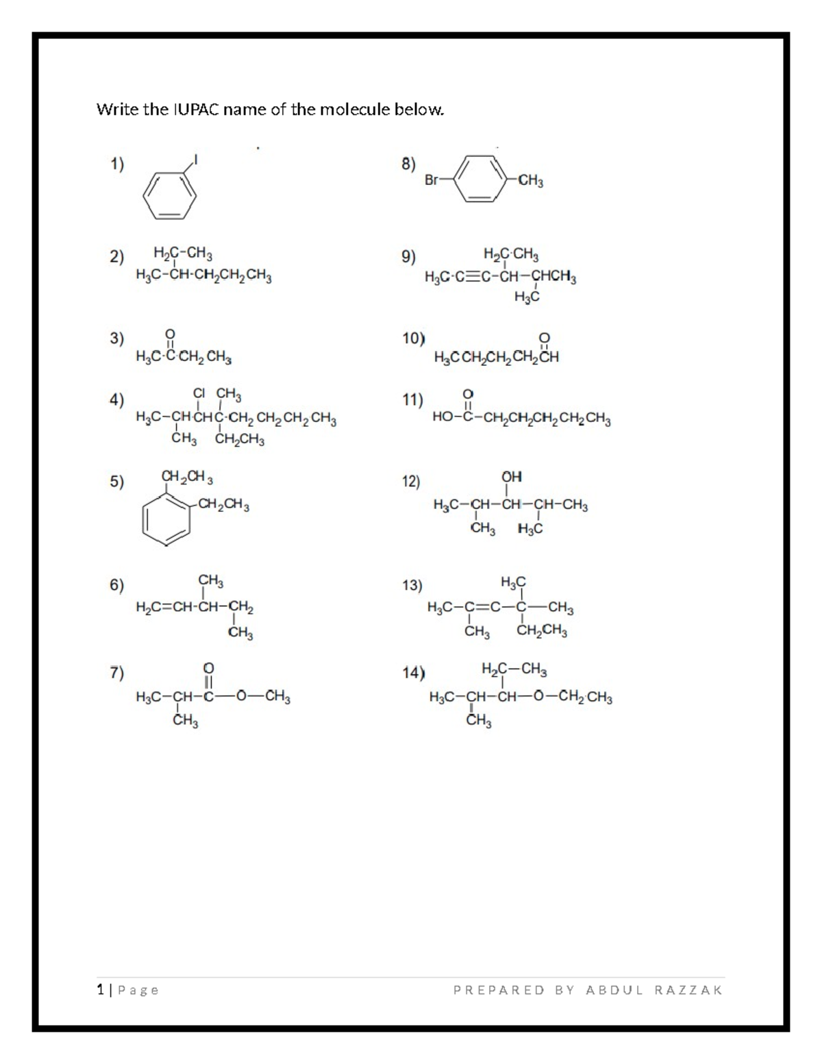 Iupac Worksheet - iiiiiiiiiiiiiiiiiii - Chemistry - Write the IUPAC ...