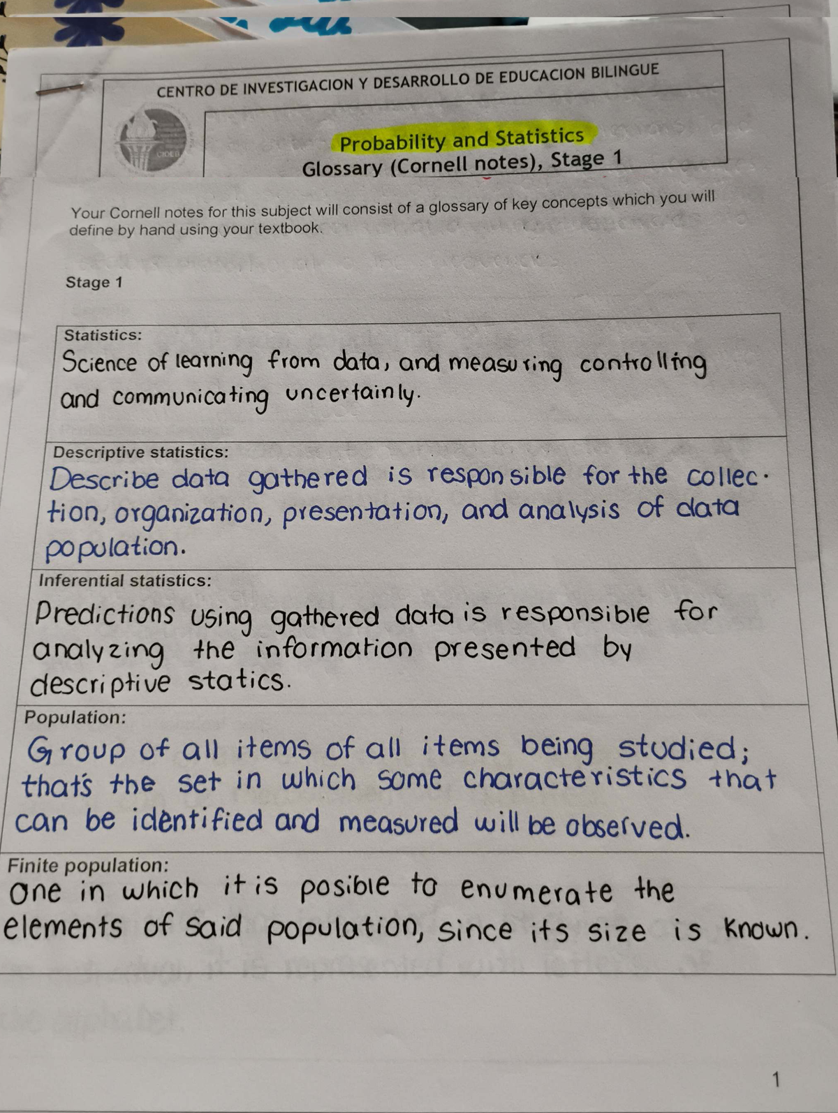 CHEB Probability and Statistics Glossary: Cornell Notes Stage 1 - Studocu