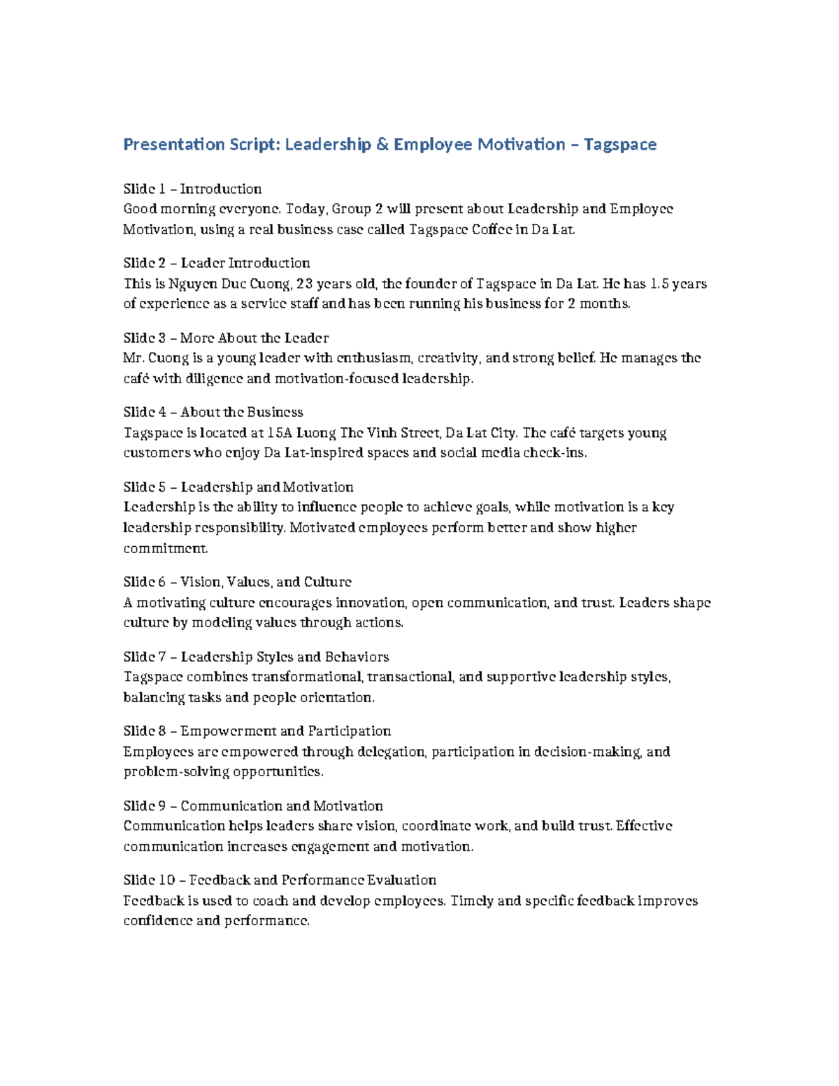 Tagspace Presentation Script: Leadership & Employee Motivation Insights ...