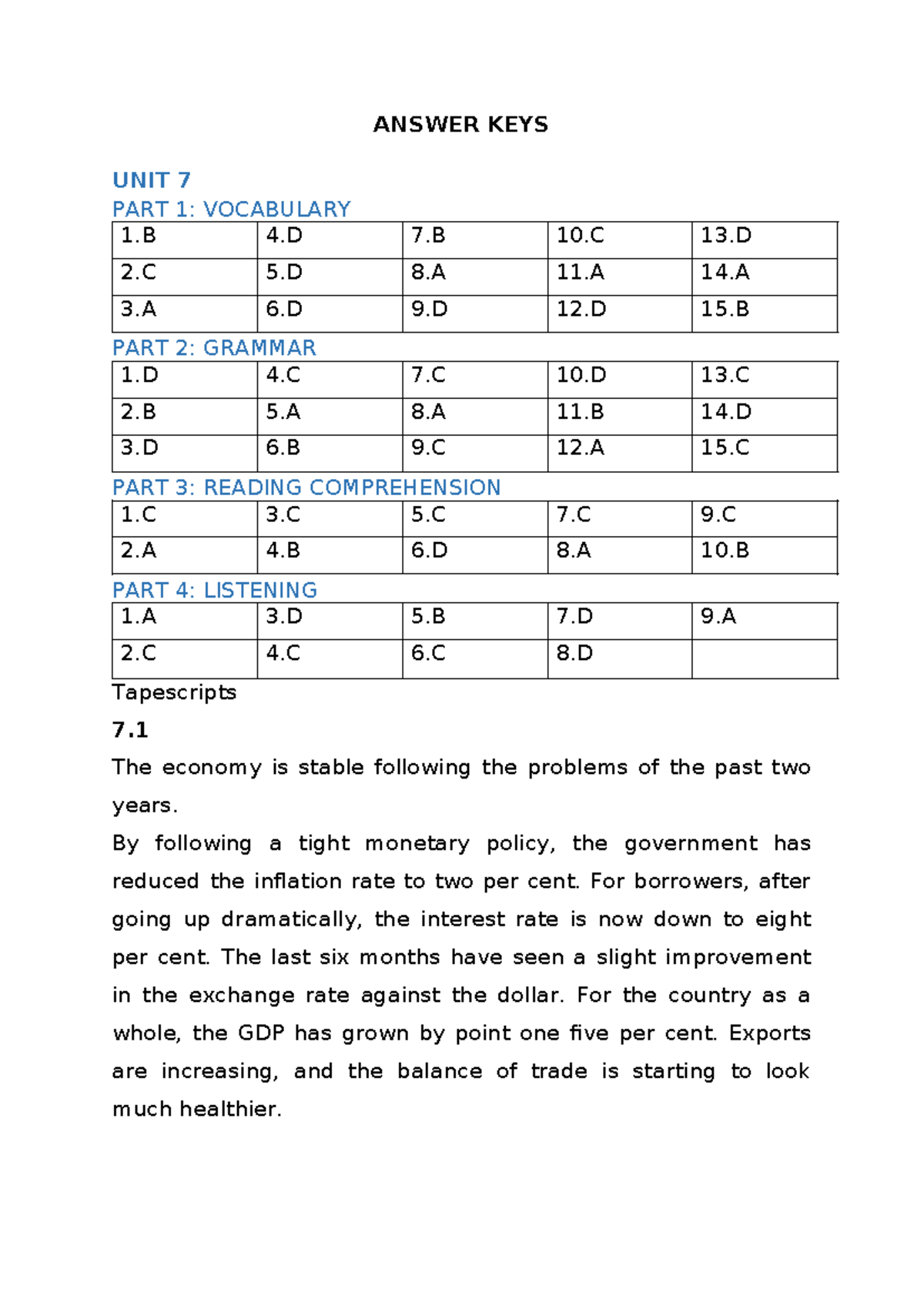 Answer Keys for Units 7, 8, 11, and 12: Vocabulary, Grammar, Reading ...