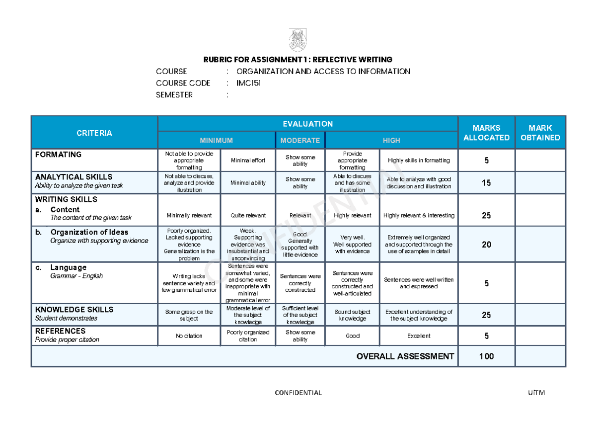 Assignment 1 - Reflective Writing - CONFIDENTIAL UiTM RUBRIC FOR ...