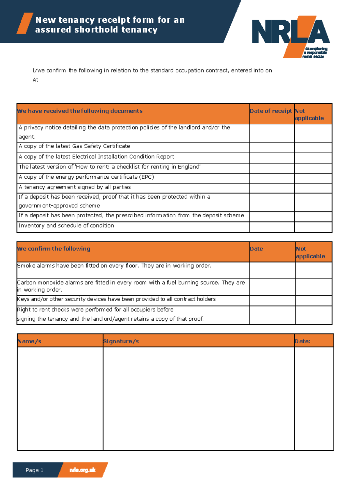 NRLA Assured Shorthold Tenancy Receipt Form Template - Studocu