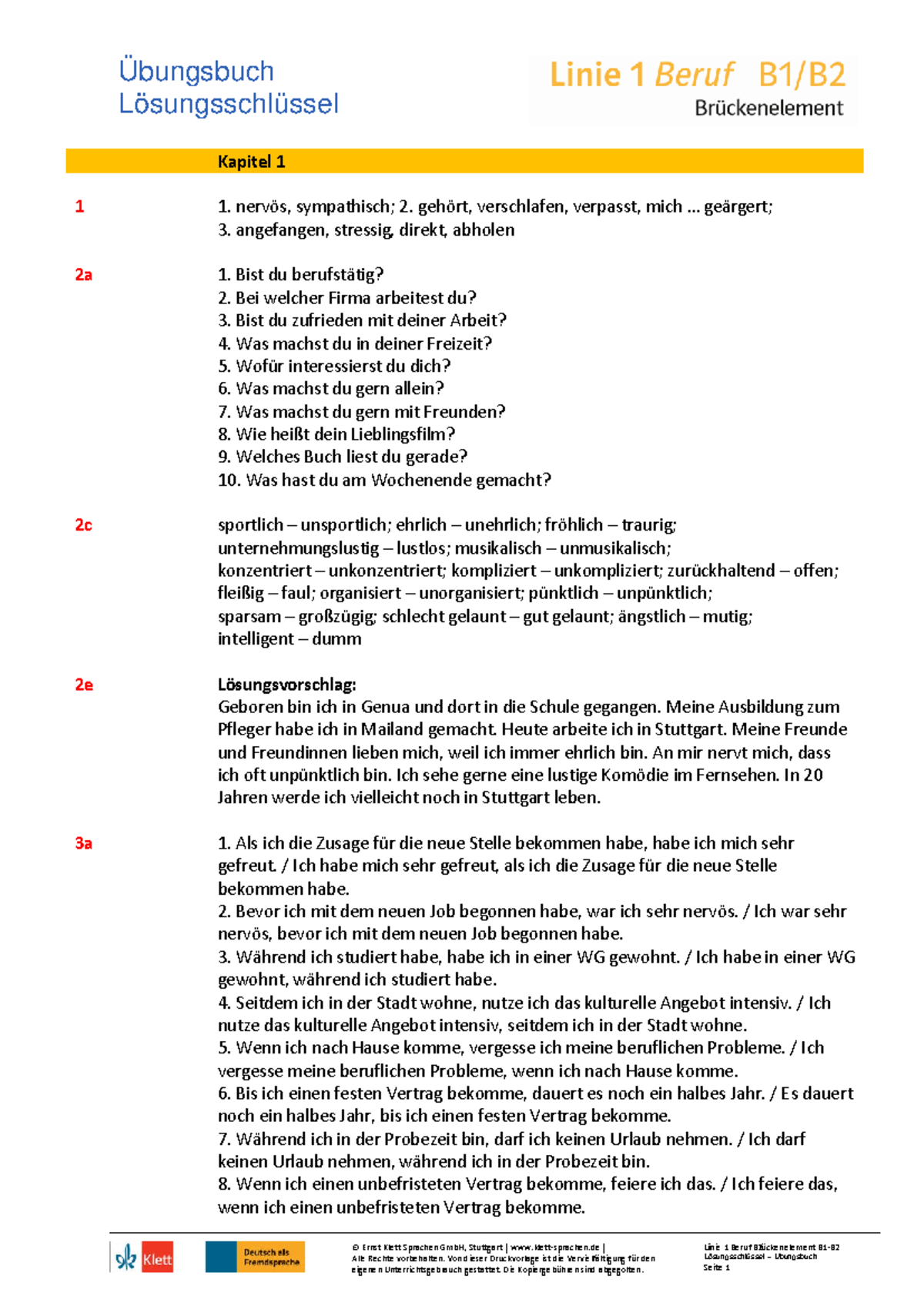 Linie 1 Beruf B2 - Übungsbuch Lösungsschlüssel für Brückenelement - Studocu