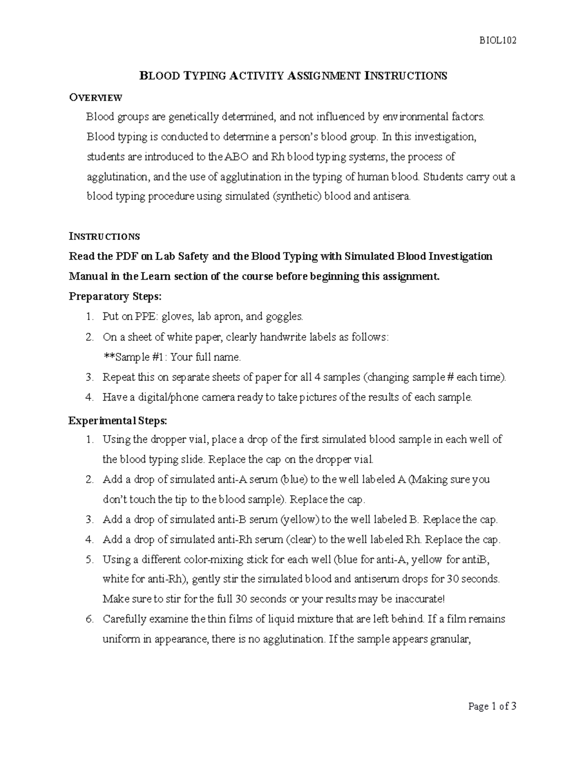 Blood Typing Activity Assignment Instructions - BIOL BLOOD TYPING ...