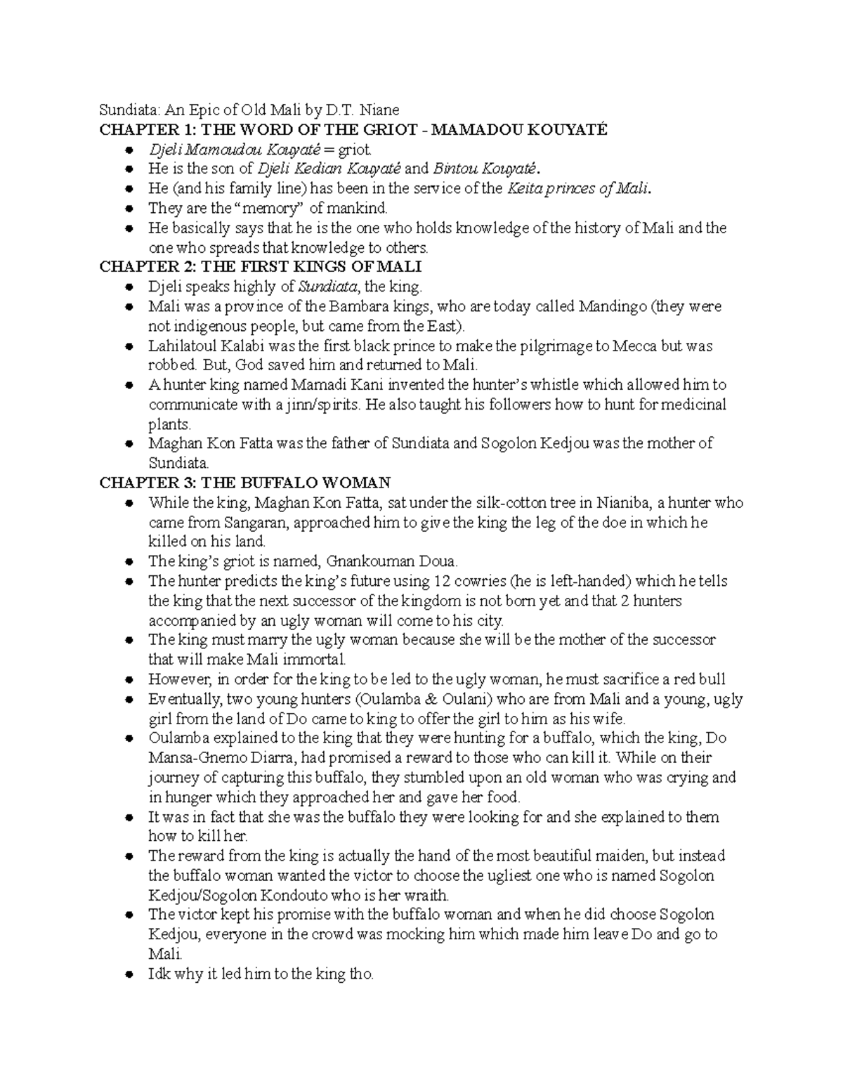 Afprl 222-01 Sundiata: Epic of Mali - Comprehensive Book Notes - Studocu