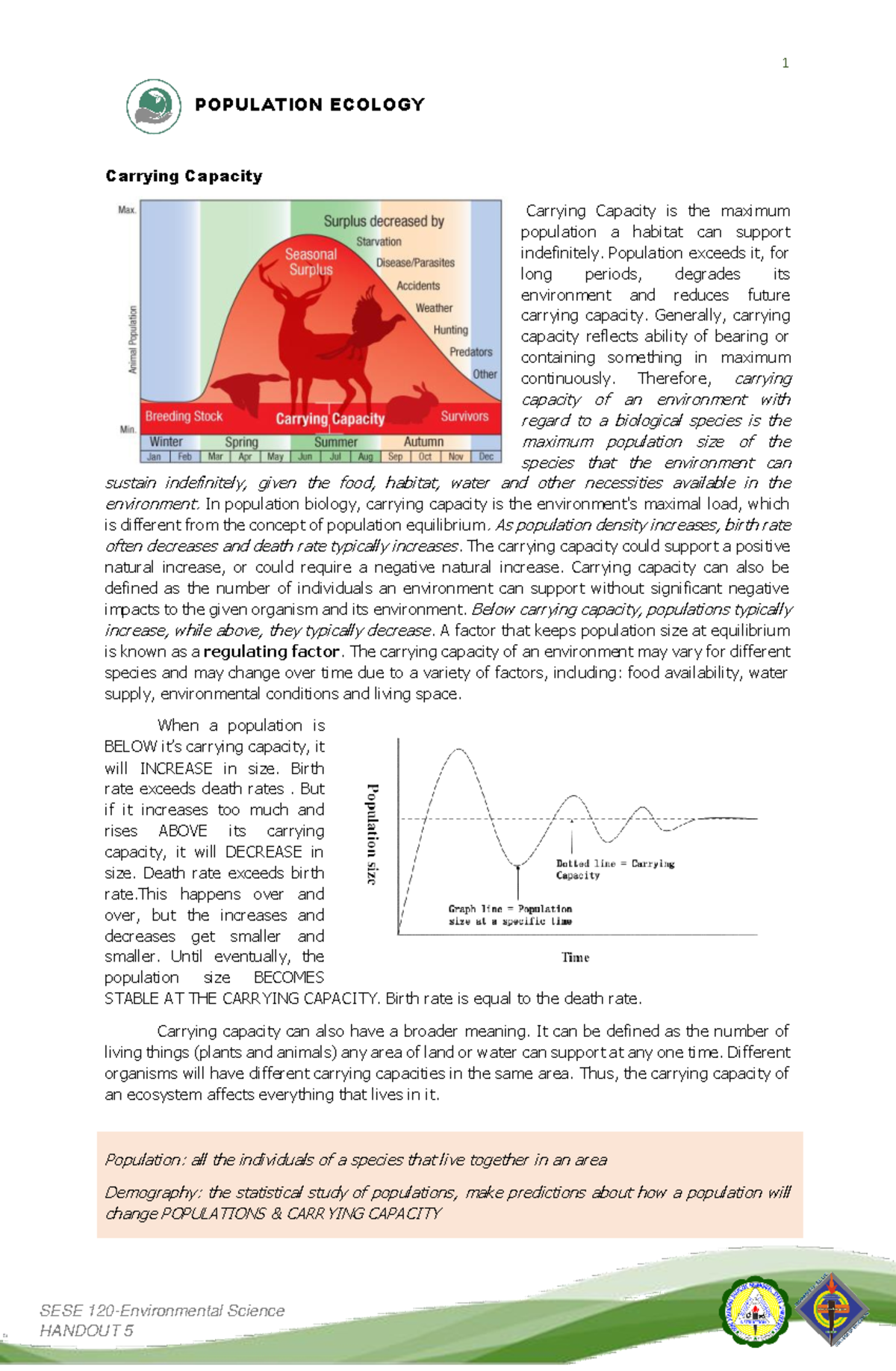 SESE 120 - Handout on Population Ecology and Carrying Capacity - Studocu