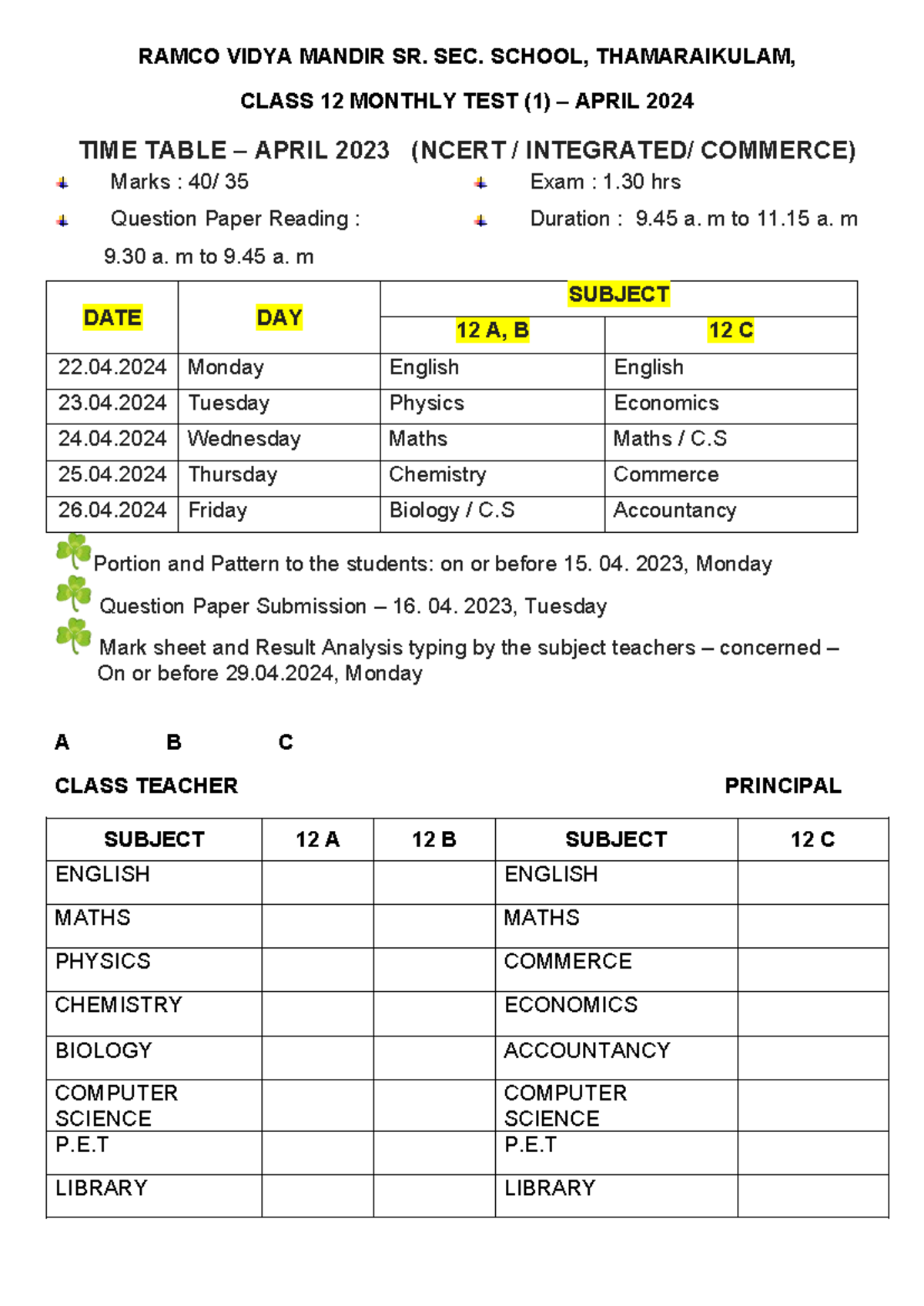 C12 Monthly Test Question Paper - April 2024 Schedule - Studocu