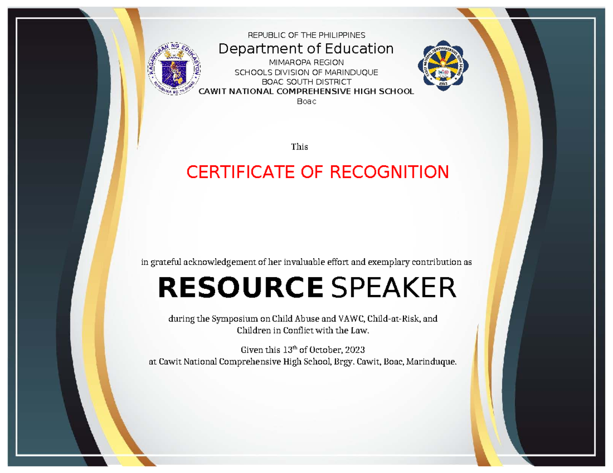 Certificate of Recognition for Child Abuse Symposium Speaker - Studocu