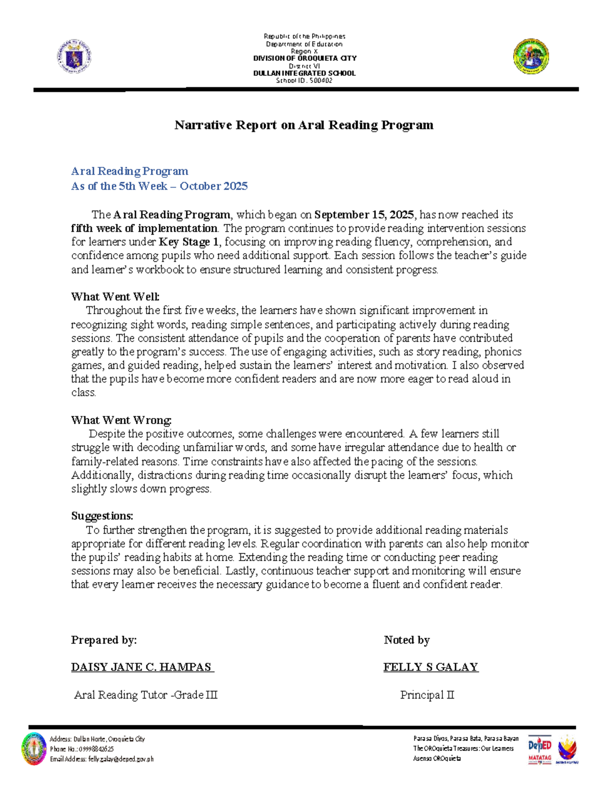 Narrative Accomplishment Report on Aral Reading Program (Oct 2025 ...