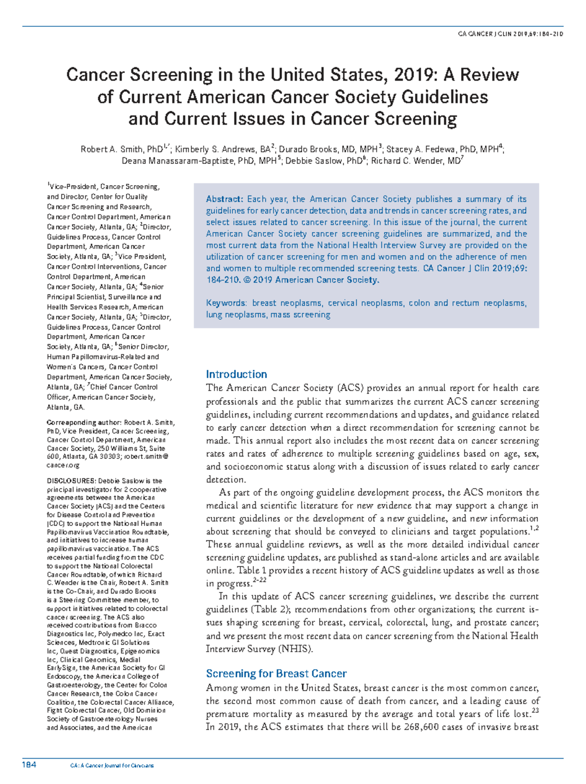 CA CANCER J CLIN 2019: Review of American Cancer Society Screening ...