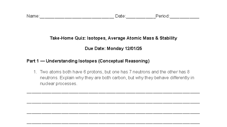 Take-Home Quiz: Isotopes, Avg Atomic Mass & Stability (Chem 101) - Studocu
