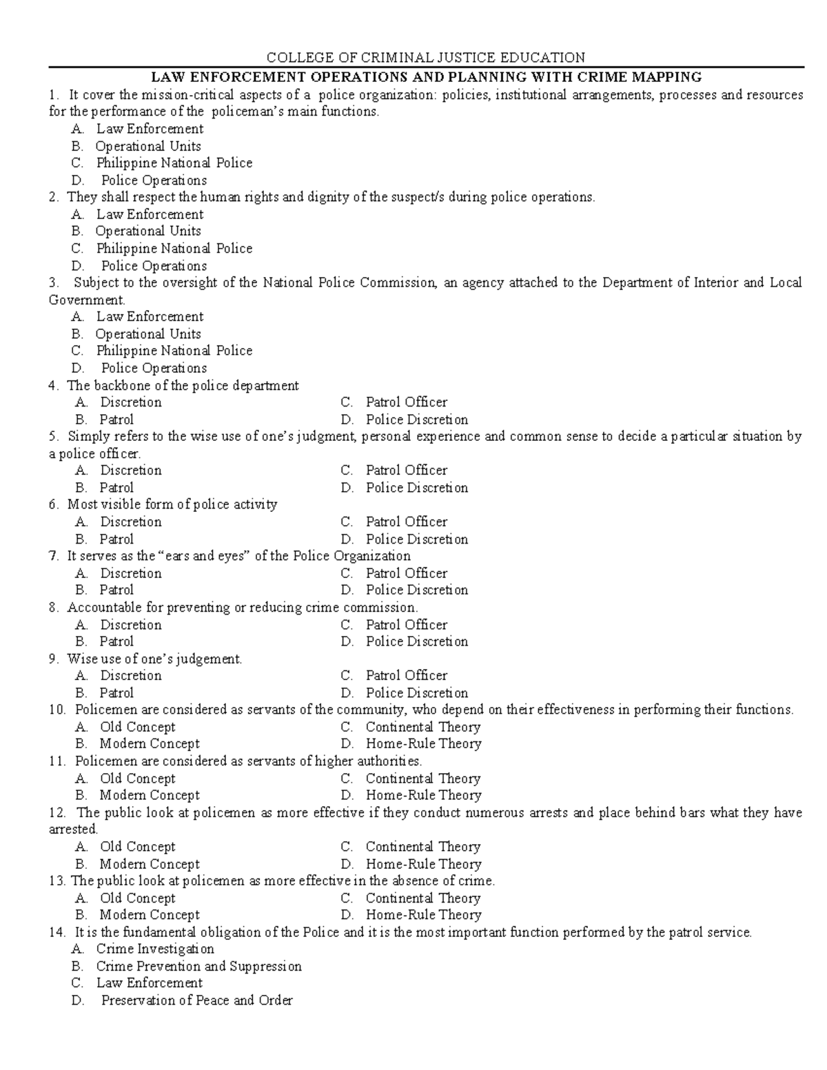 LEA 4 FINAL EXAM - LAW ENFORCEMENT OPERATIONS & CRIME PLANNING - Studocu