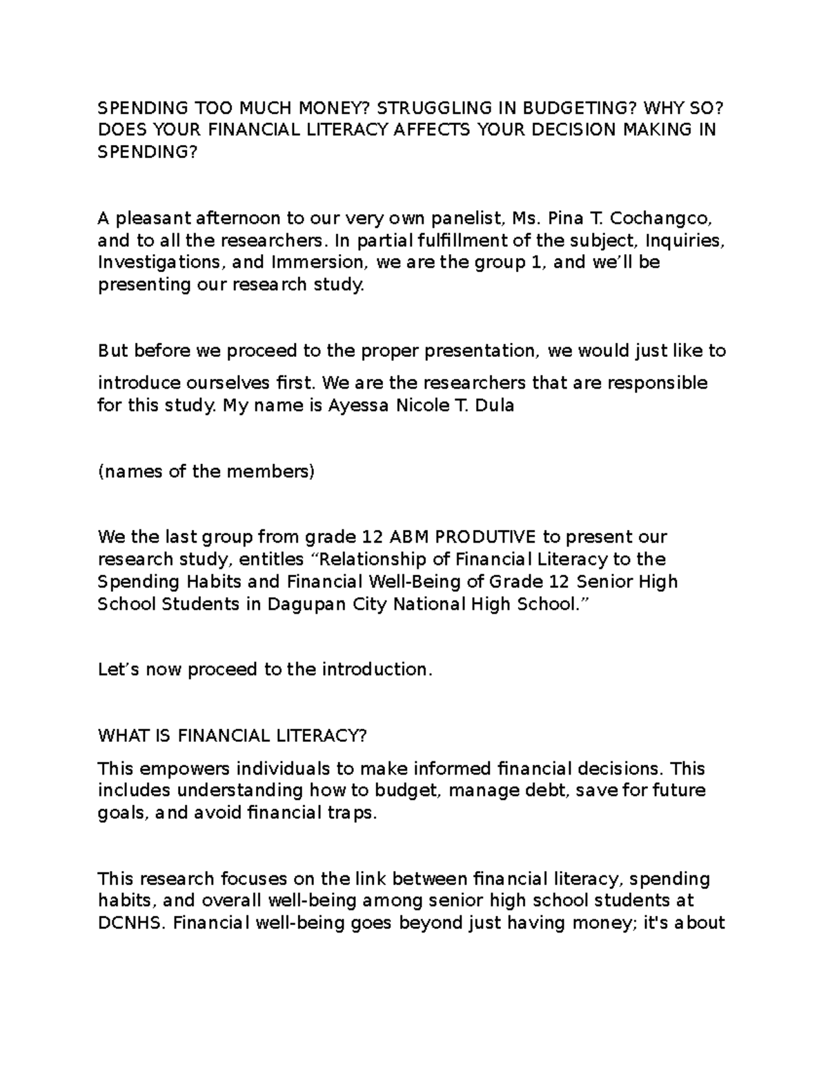 Financial Literacy & Spending Habits: Grade 12 ABM Study - Studocu