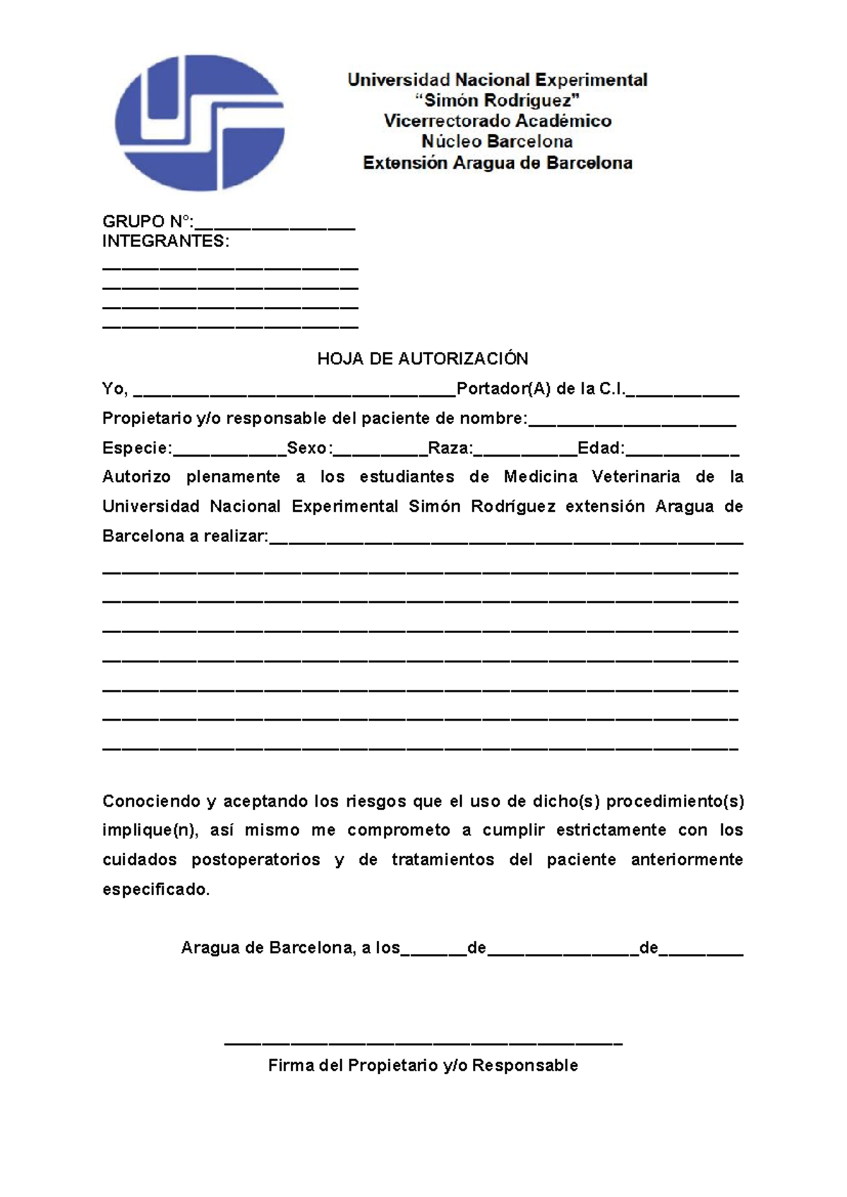 Hoja de autorizacion - GRUPO N°:_________________ INTEGRANTES