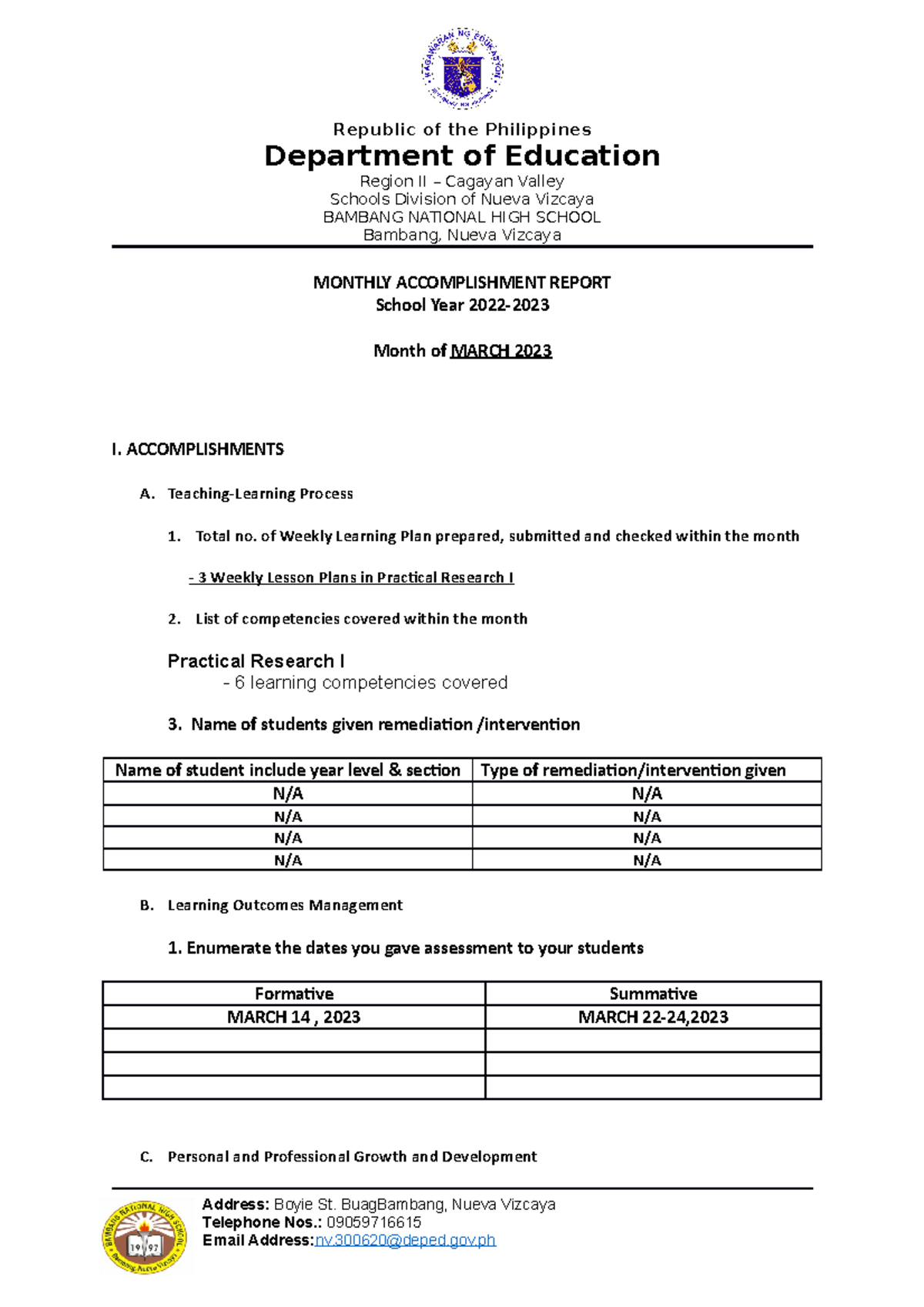 MAR Monthly Accomplishment Report for March 2023 - BNHS - Studocu