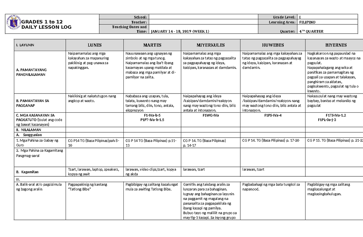 DLL Filipino 1 Q4 W1 - Daily Lesson Log for Teaching Grades 1-12 - Studocu