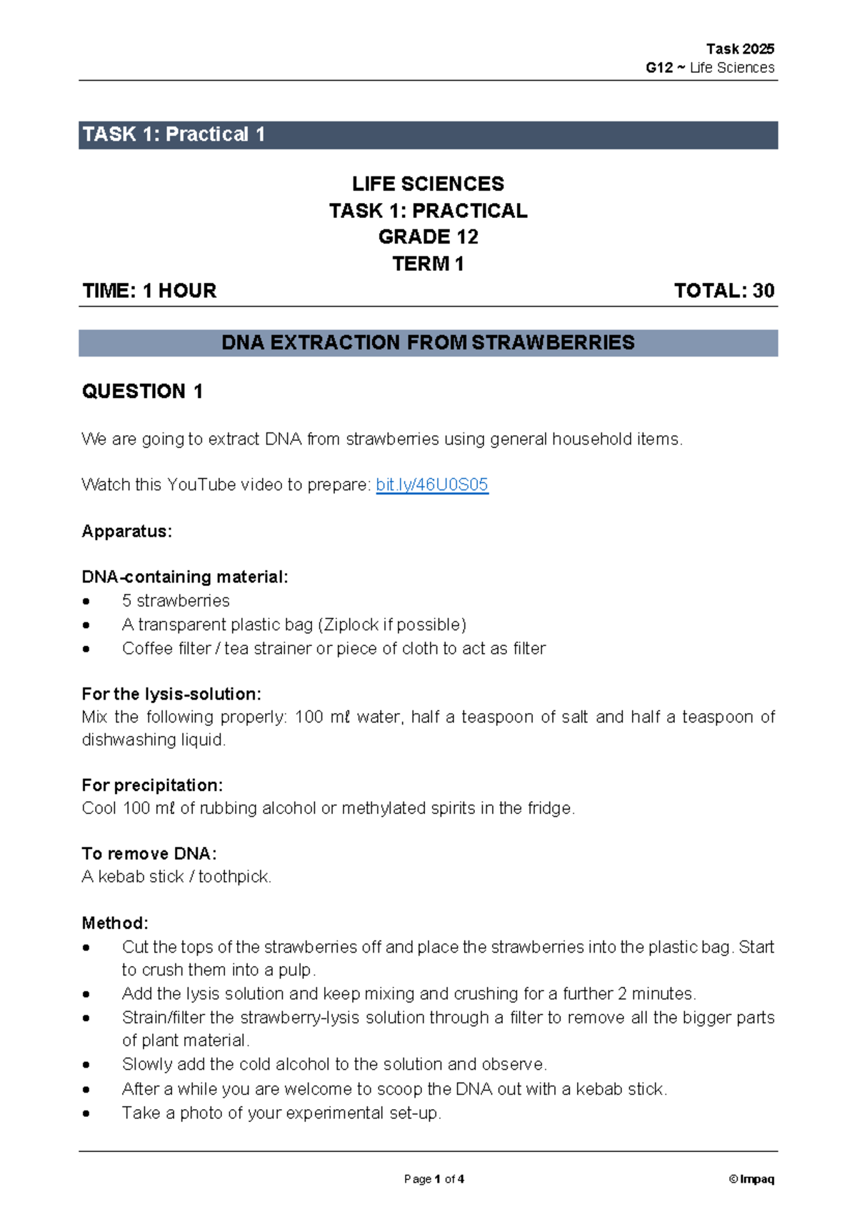 Task 2025 G12 Life Sciences: DNA Extraction Practical Guide - Studocu