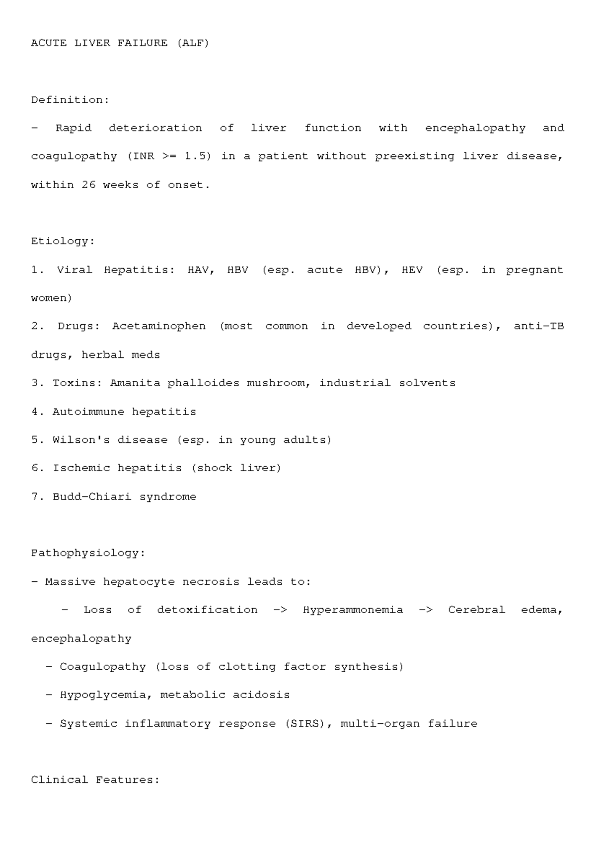ACUTE LIVER FAILURE (ALF) Overview and Management Notes - Studocu