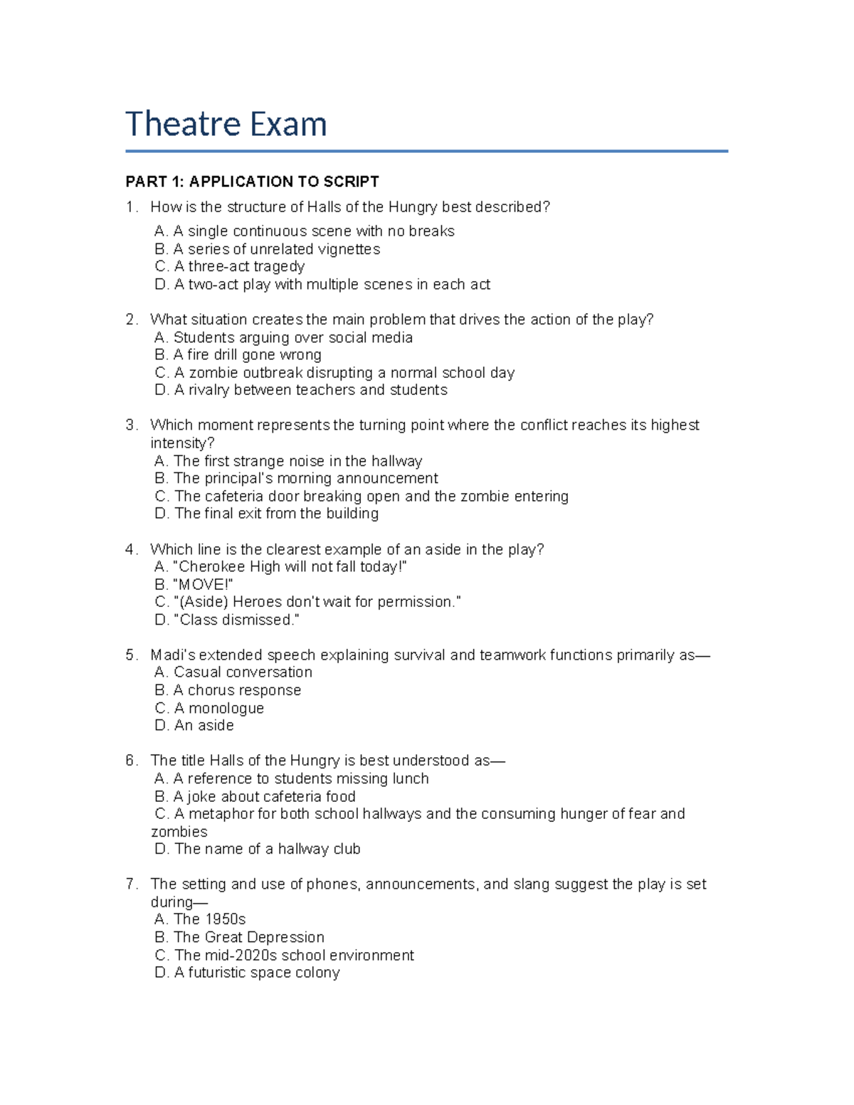 Theatre Exam (THEA 101): Halls of the Hungry Script Analysis - Studocu
