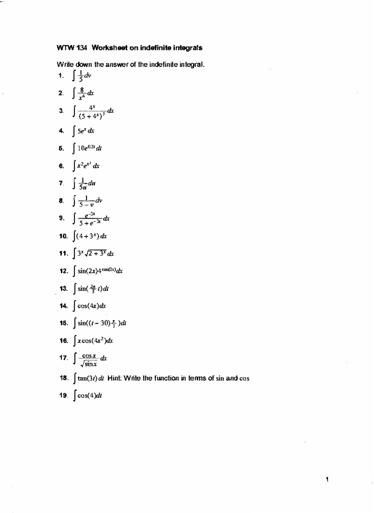 WTW 134 Worksheet on Indefinite Integrals and Solutions - Studocu