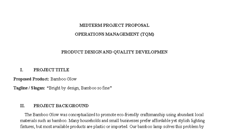 MIDTERM PROJECT PROPOSAL: Bamboo Glow Lamp Design (TQM) - Studocu