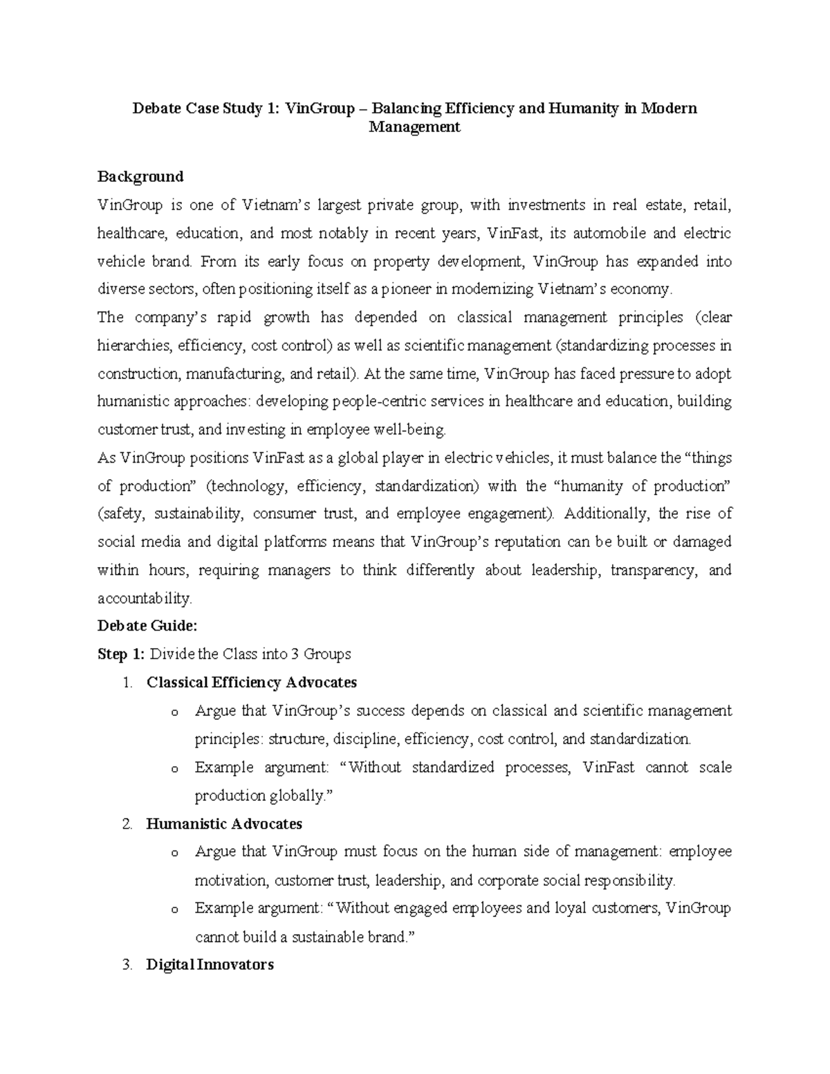 Debate Case Study 1: VinGroup's Management Dilemma in Modern Times ...