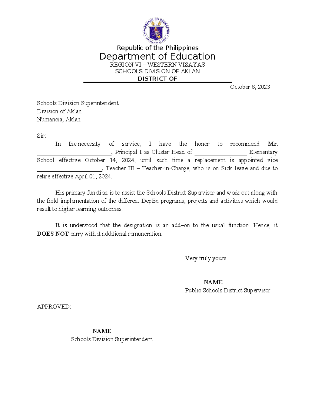 Letter of Recommendation for Principal I Position - OIC - Studocu