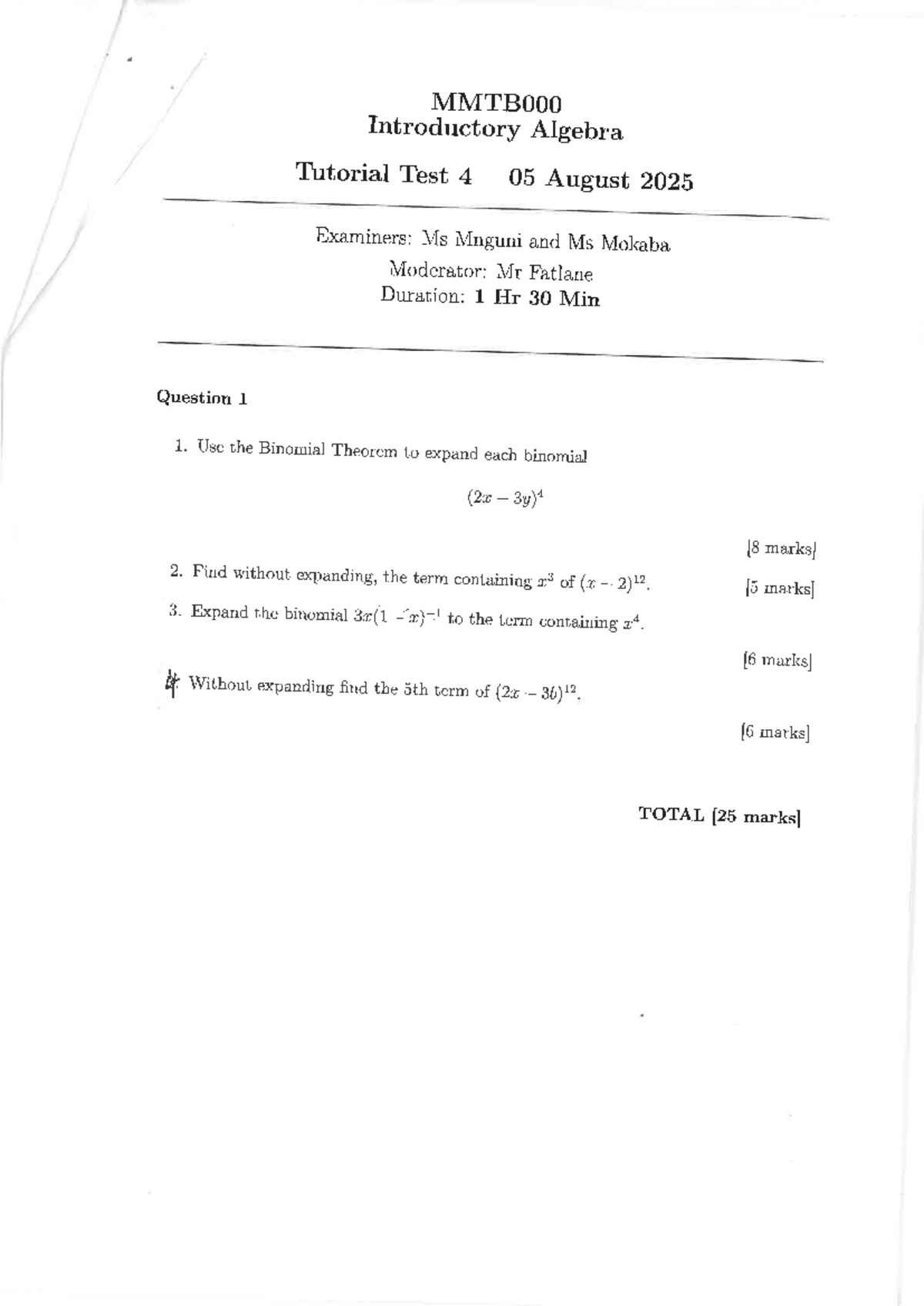 Algebra TUT 4: Binomial Expansion & Proofs - 05 Aug 2025 - Studocu