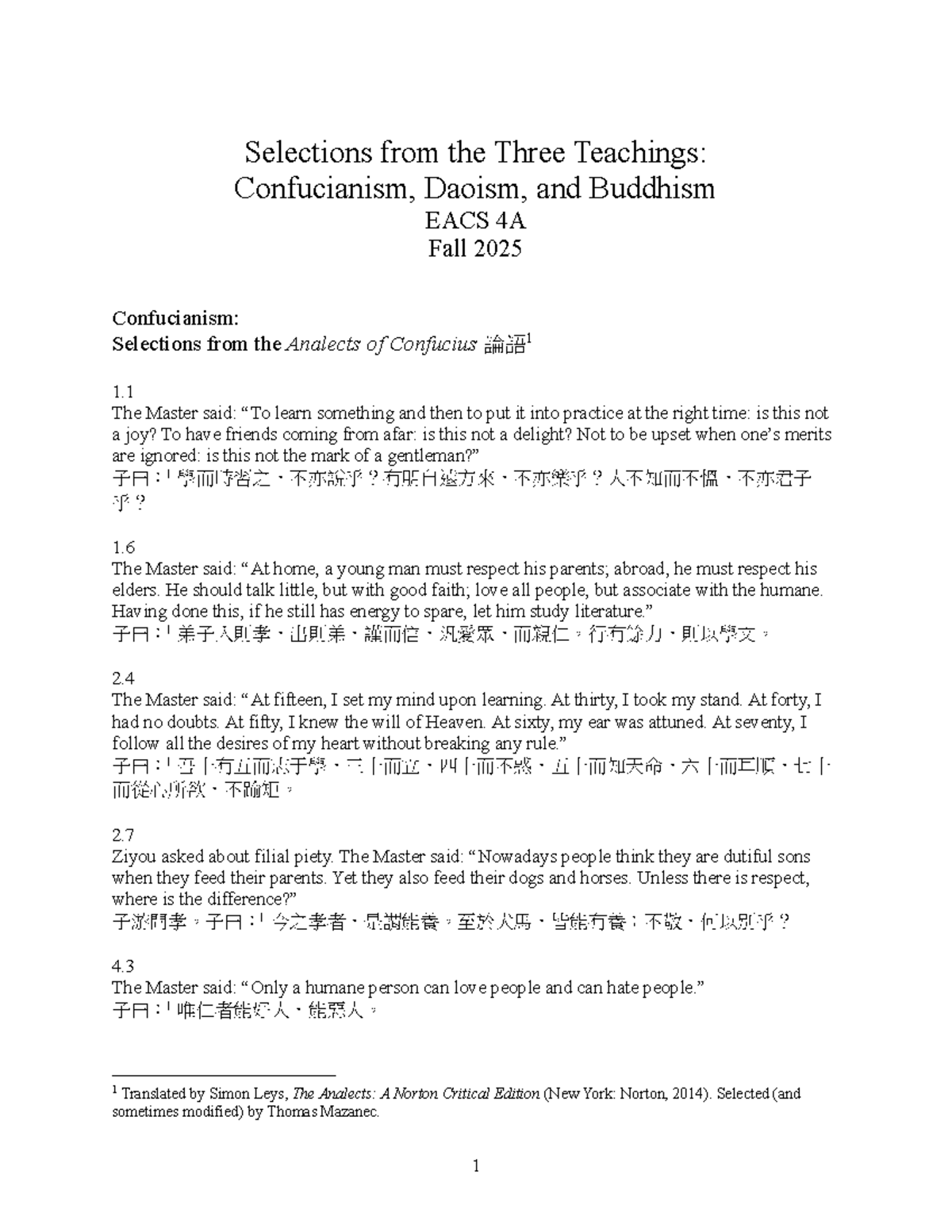 Selections from the Three Teachings: Confucianism, Daoism, Buddhism ...