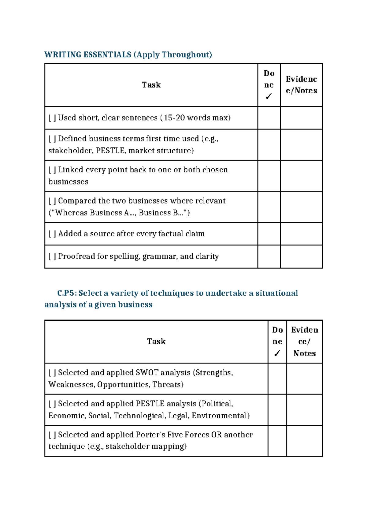 P5 Checklist: Writing Essentials for Situational Analysis in Unit 1 ...