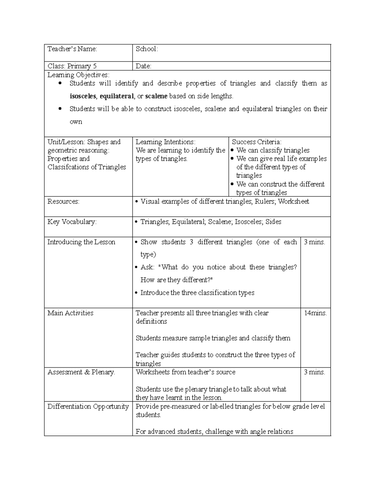 Lesson Plan KNAS - Mathematics: Properties & Classifications of ...