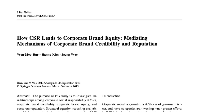 J Bus Ethics: CSR's Impact on Brand Equity via Credibility & Reputation ...