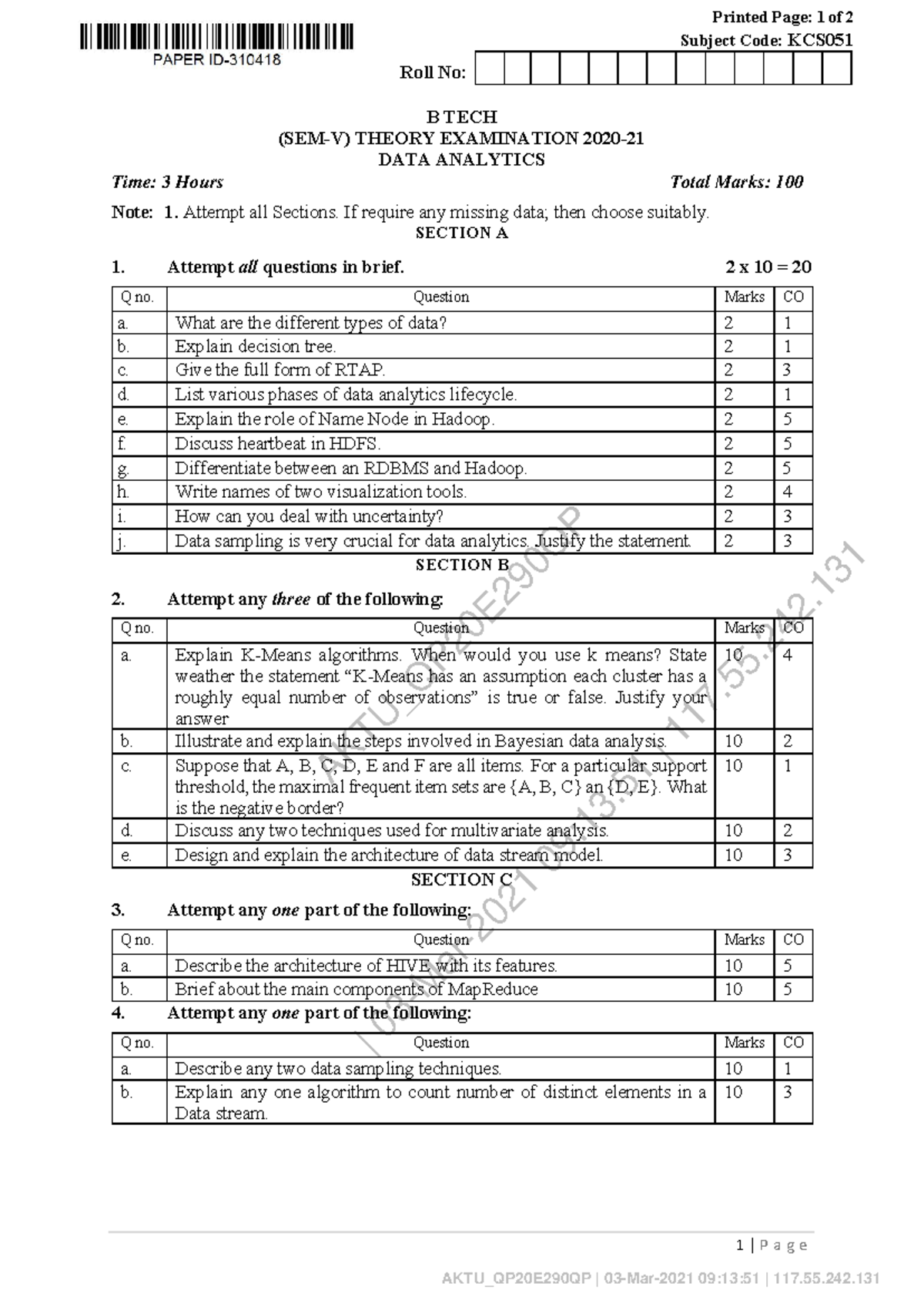 Data Analytics (KCS) B.Tech 2020-21 Theory Exam Question Paper - Studocu