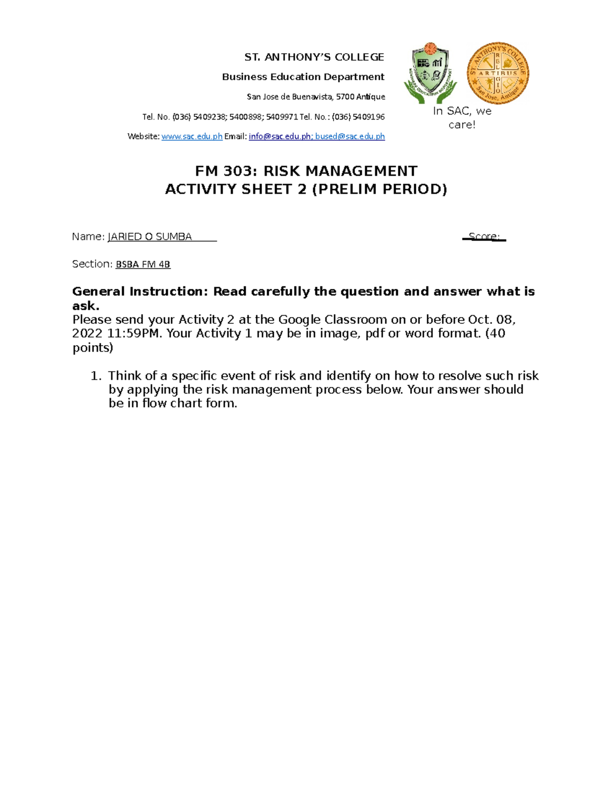 Activity 2 - FM 303 Risk Management - In SAC, we care! Business ...