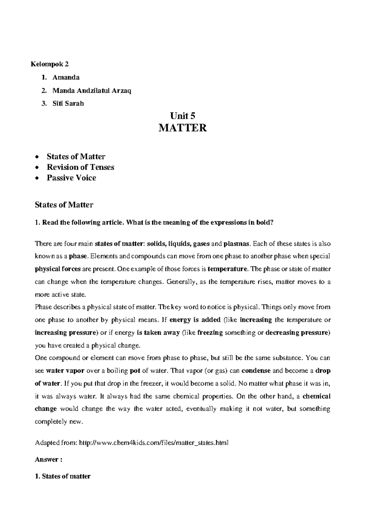 Kelompok 2 Unit 5: States of Matter and Tenses Revision Notes - Studocu