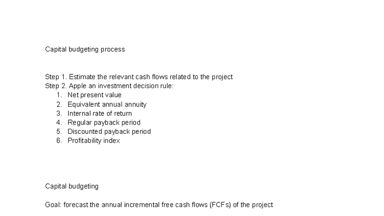Capital Budgeting Process: Estimating Cash Flows (FIN Lecture 9) - Studocu