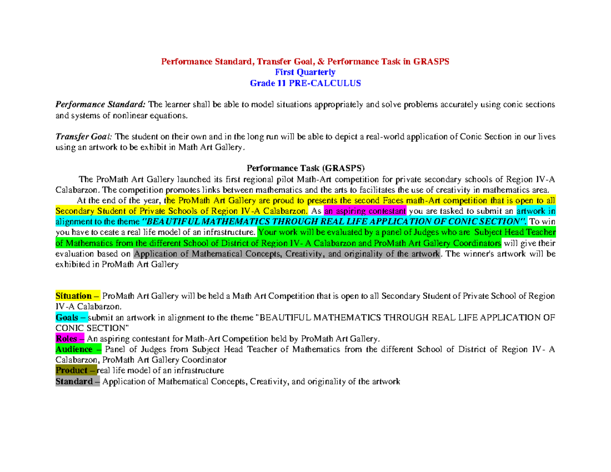 Grade 11 PRE-CALCULUS: Math-Art Competition Performance Task Guide ...