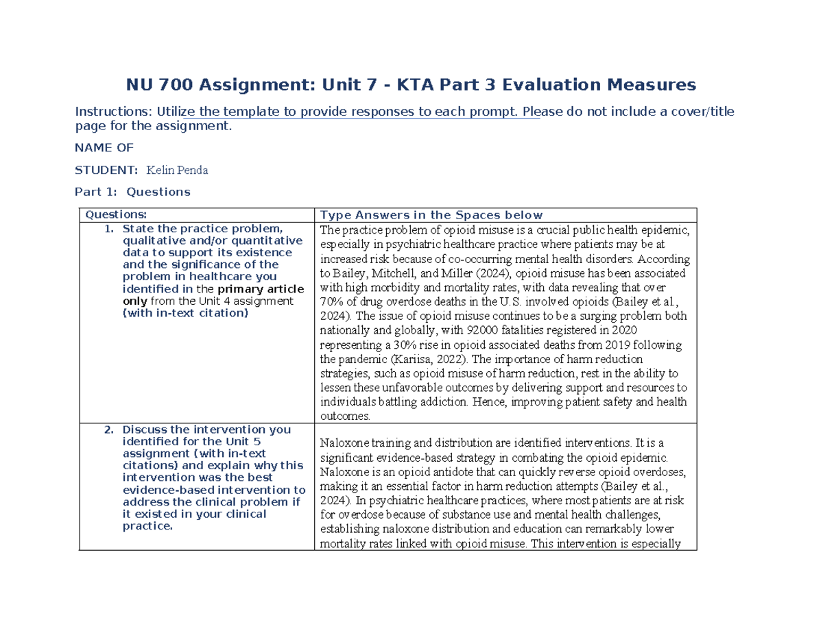 NU 700 Assignment: Unit 7 KTA Part 3 - Opioid Misuse Evaluation ...