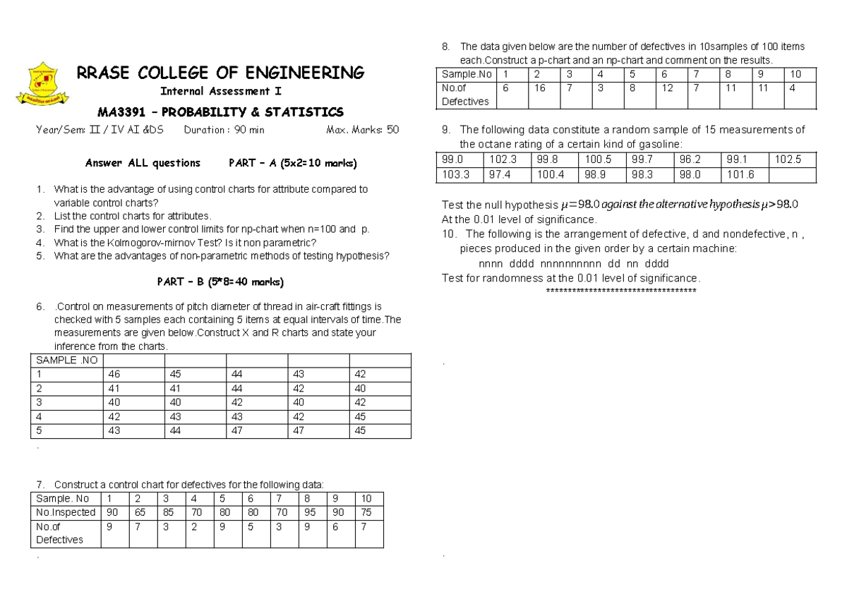 MA3391-PS Internal Assessment I: Probability & Statistics II - Studocu