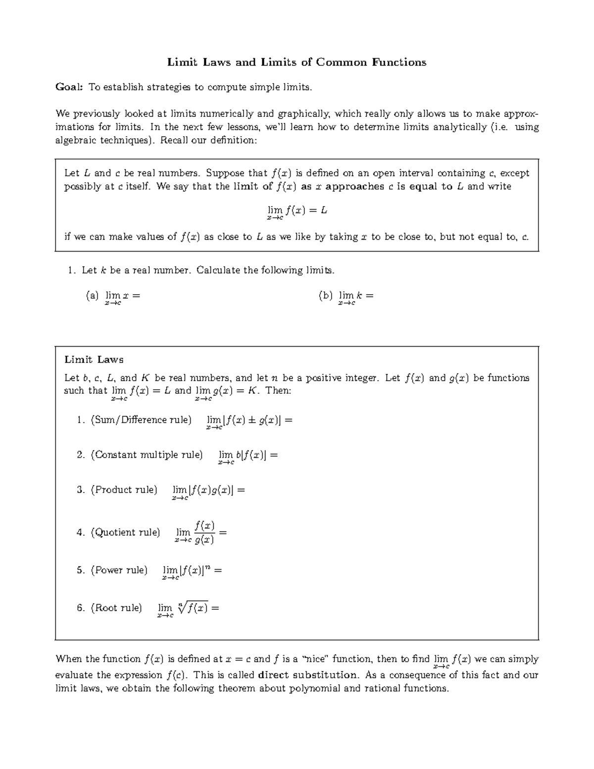MATH 101 - Limit Laws and Common Functions Overview - Studocu