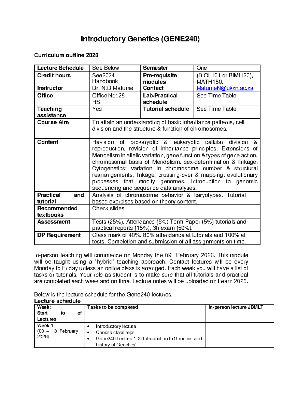 GENE240 Introductory Genetics Module Plan & Lecture Schedule 2026 - Studocu
