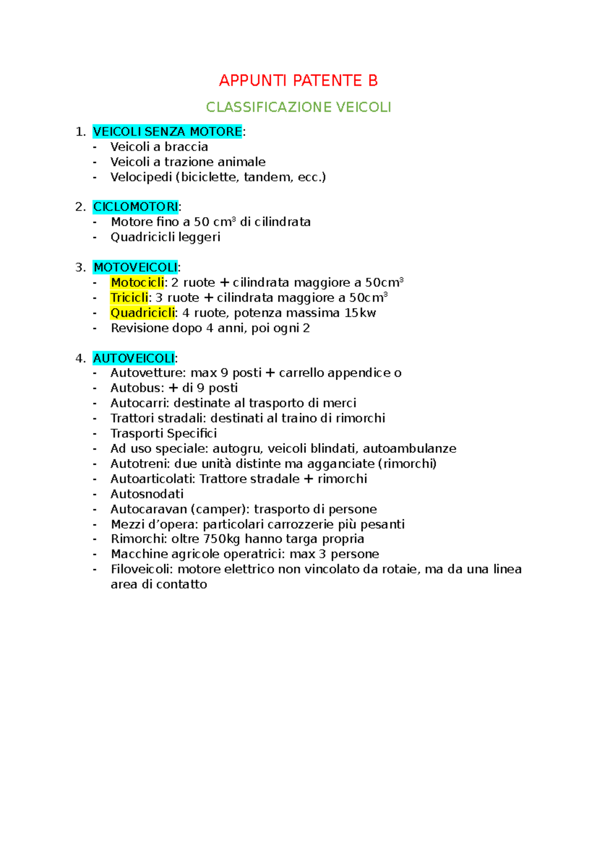 Appunti Patente B: Classificazione Veicoli e Limiti di Velocità - Studocu