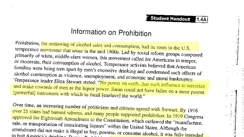 Prohibition and Its Impact: A Study Guide (HIST 1.4A) - Studocu
