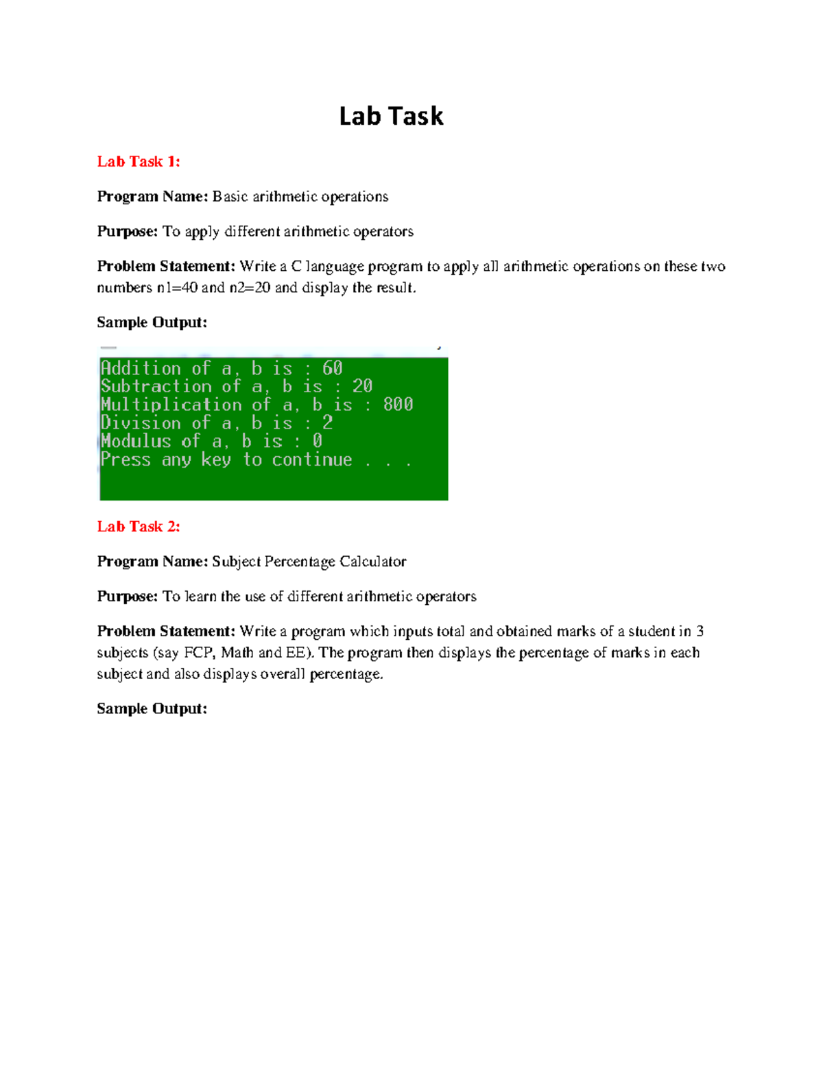 Lab Task 1-10: C Programming Basics & Arithmetic Operations - UMT - Studocu