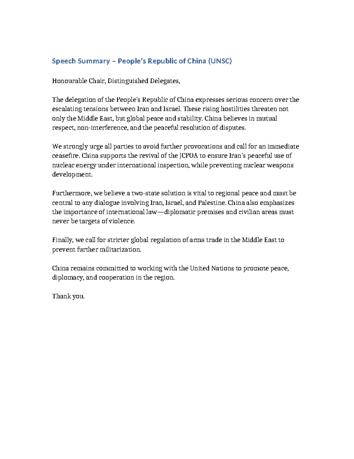 China UNSC Speech Summary: Addressing Iran-Israel Tensions - Studocu
