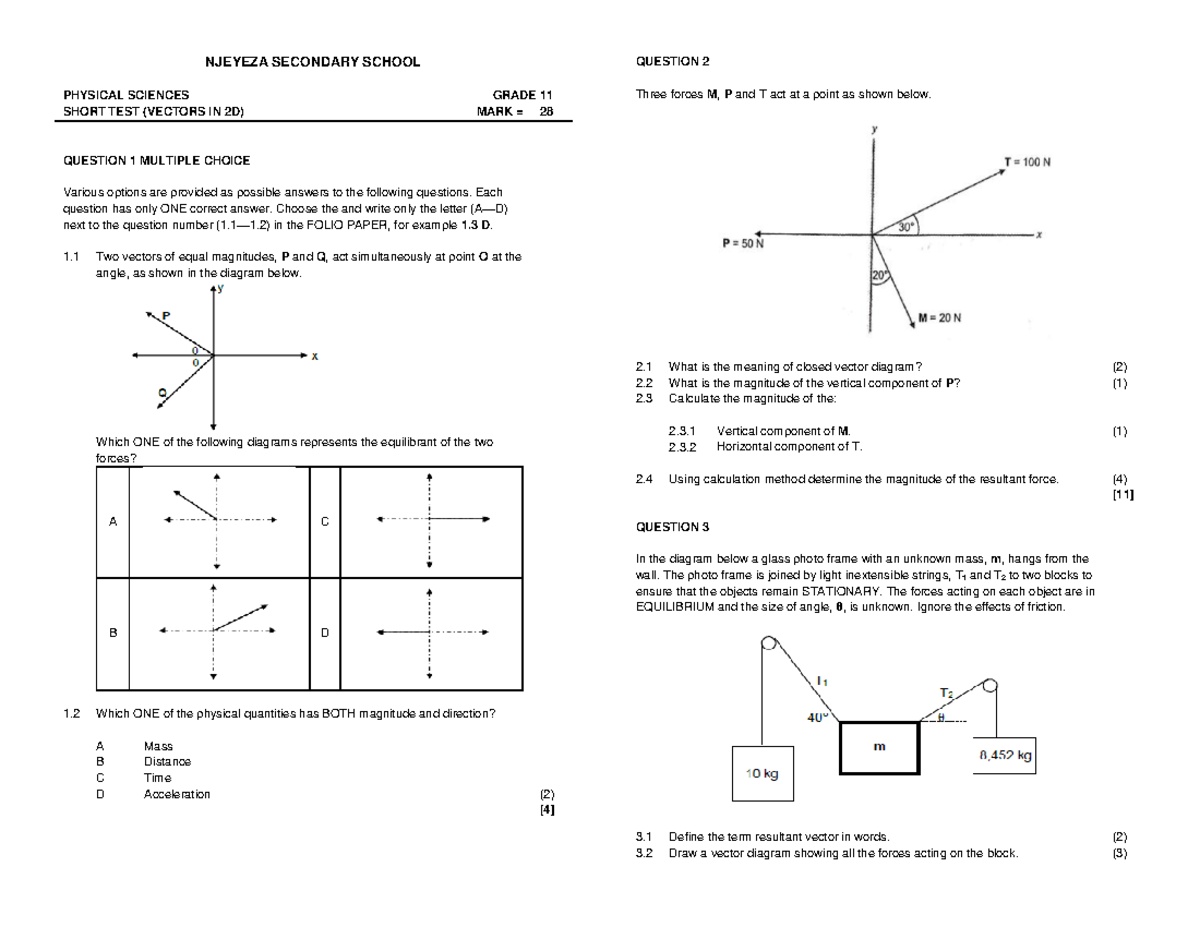 Grade 11 Physical Sciences Short Test: Vectors in 2D (NJEYEZA) - Studocu